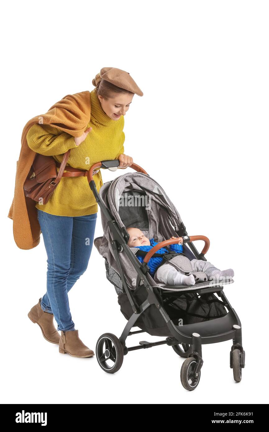 Woman and her cute baby in stroller on white background Stock Photo - Alamy