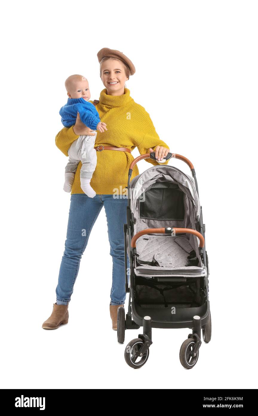 Woman with her cute baby and stroller on white background Stock Photo ...