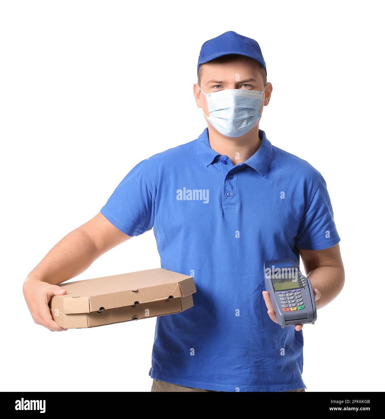 Courier of food delivery service with payment terminal on white ...