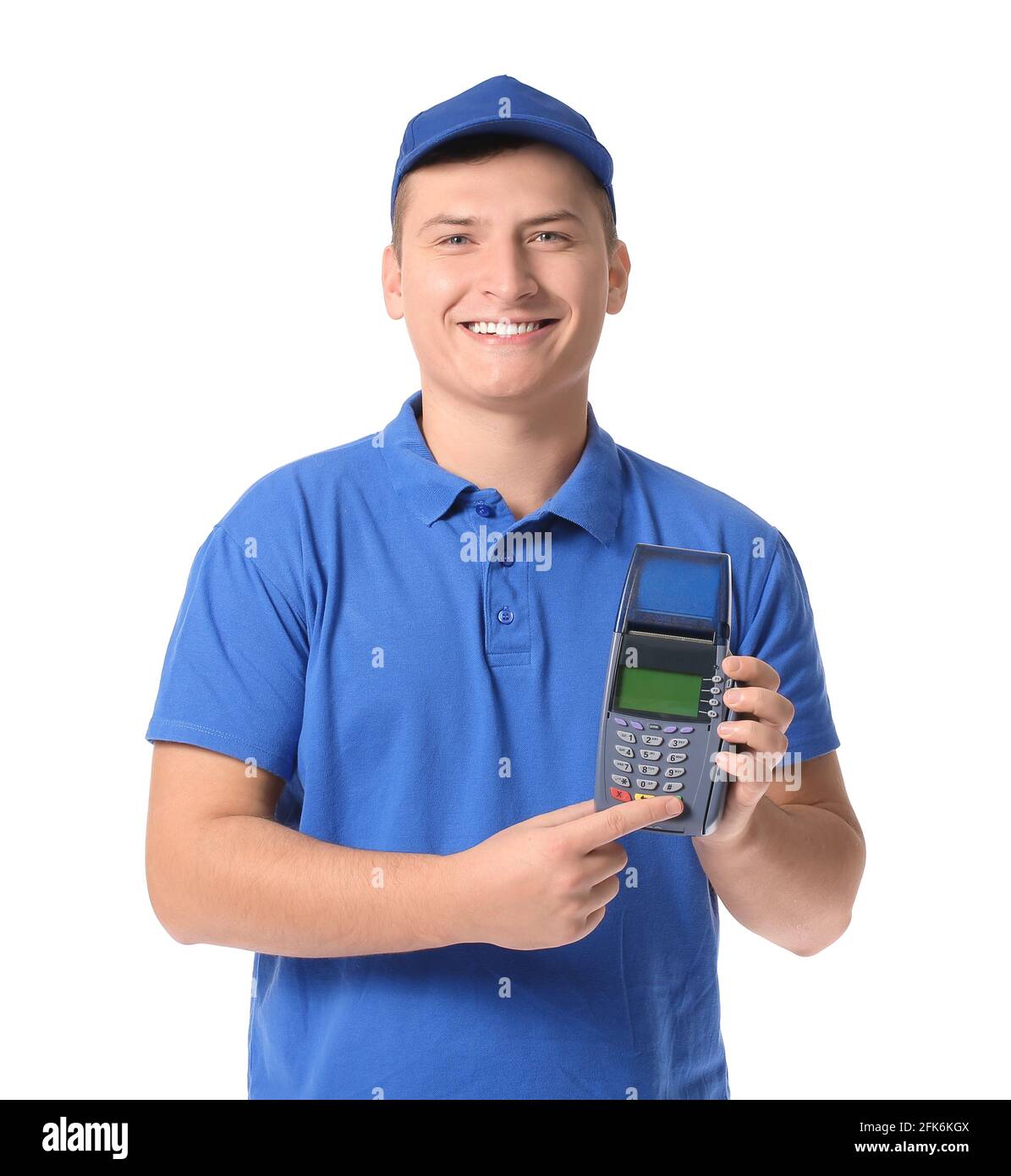 Courier with payment terminal on white background Stock Photo - Alamy