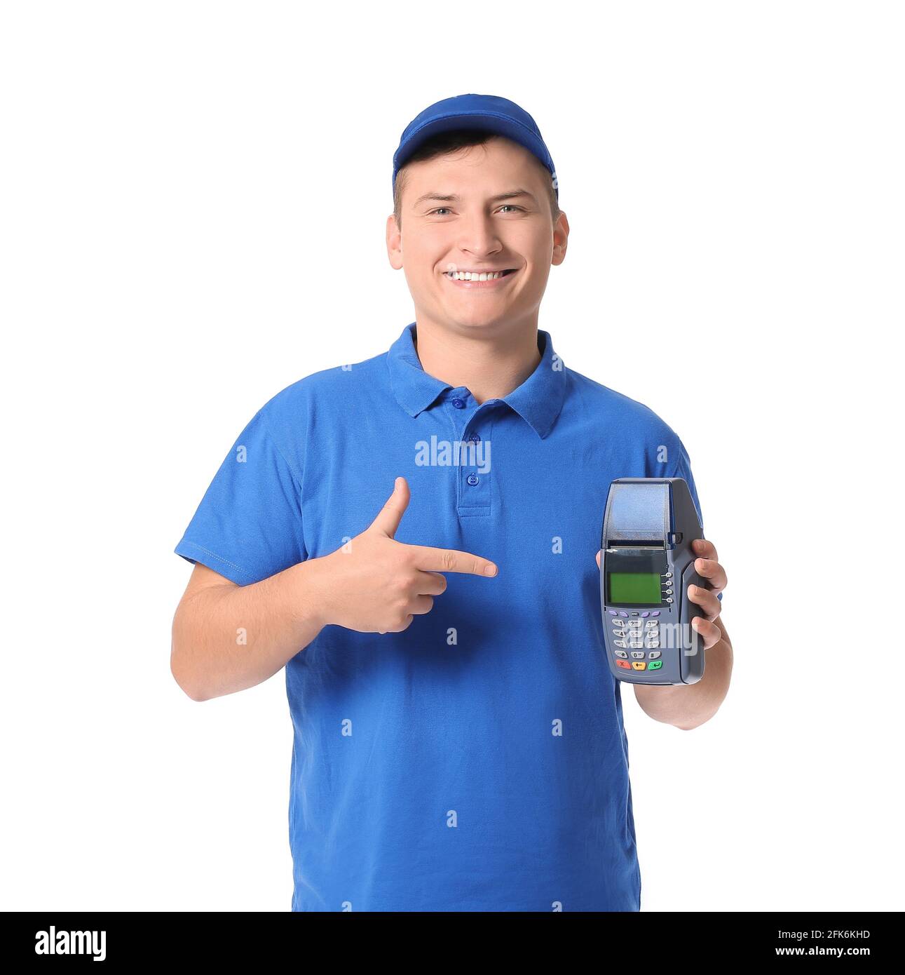 Courier with payment terminal on white background Stock Photo - Alamy