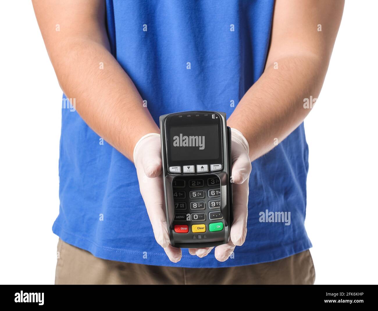 Courier with payment terminal on white background, closeup Stock Photo ...