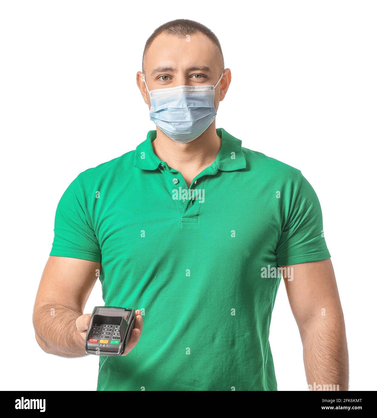 Courier with payment terminal on white background Stock Photo - Alamy