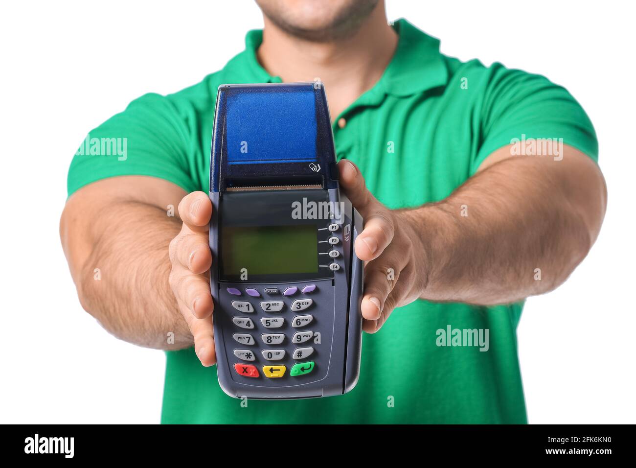 Courier with payment terminal on white background, closeup Stock Photo ...