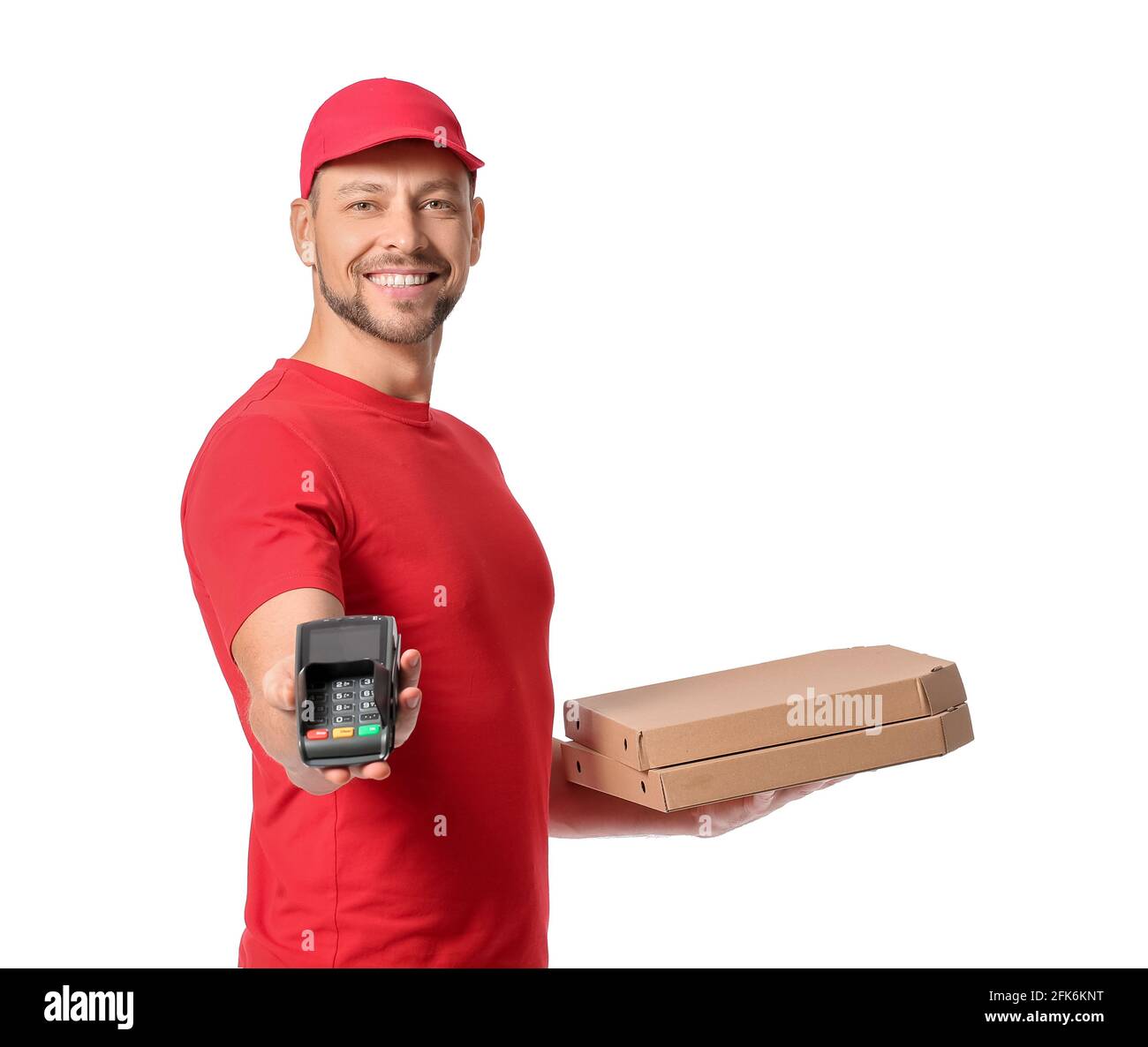 Courier of food delivery service with payment terminal on white ...