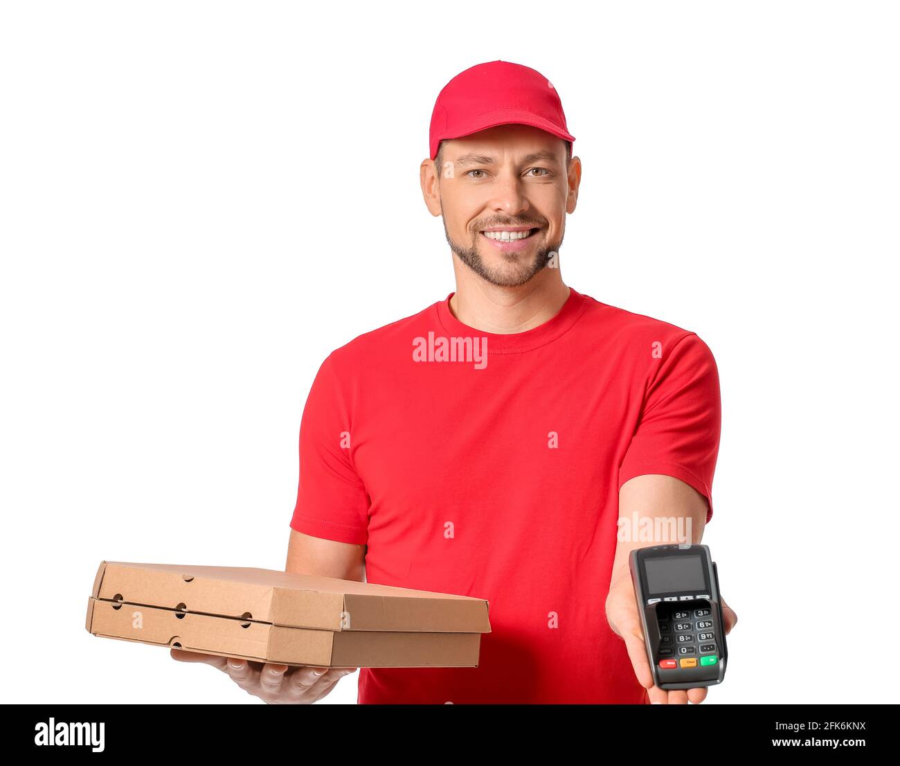 Courier of food delivery service with payment terminal on white ...