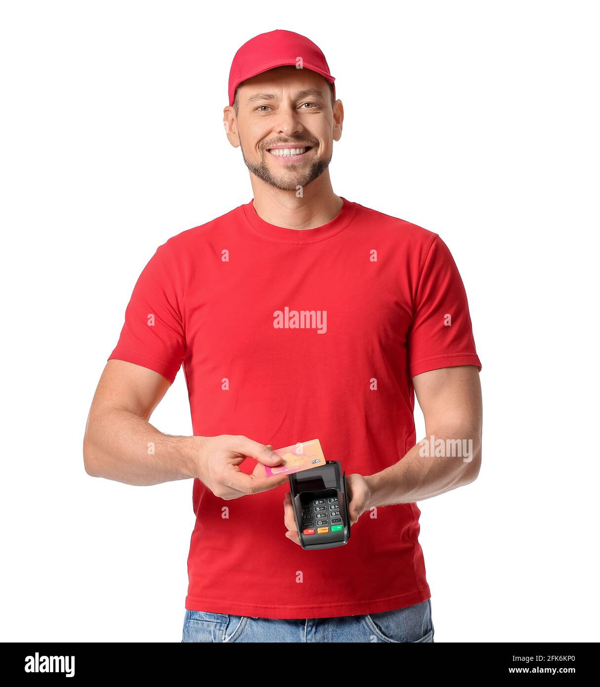 Courier with payment terminal and credit card on white background Stock ...