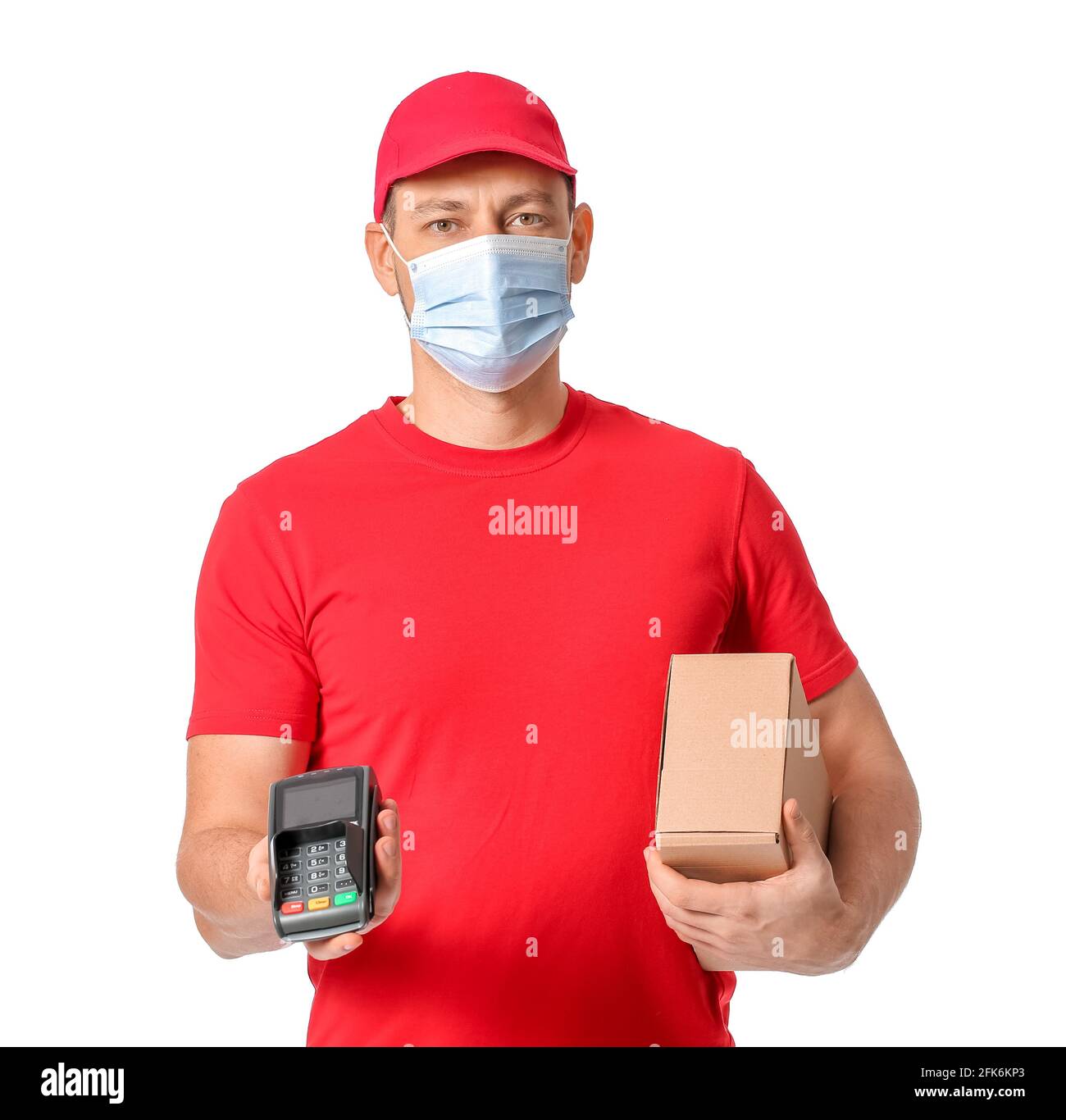 Courier with payment terminal on white background Stock Photo - Alamy