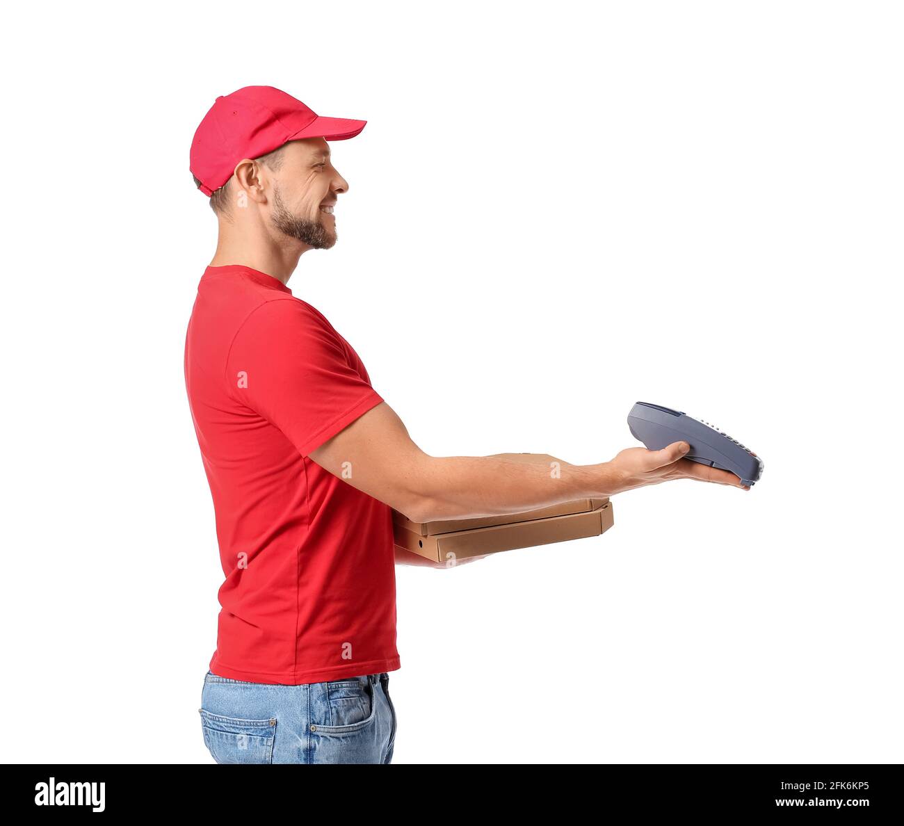 Courier of food delivery service with payment terminal on white ...