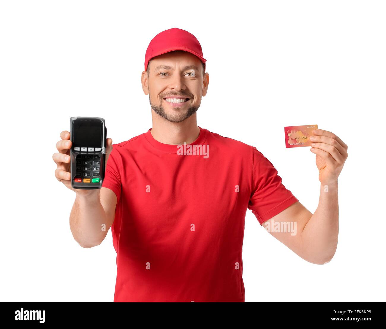 Courier with payment terminal and credit card on white background Stock ...