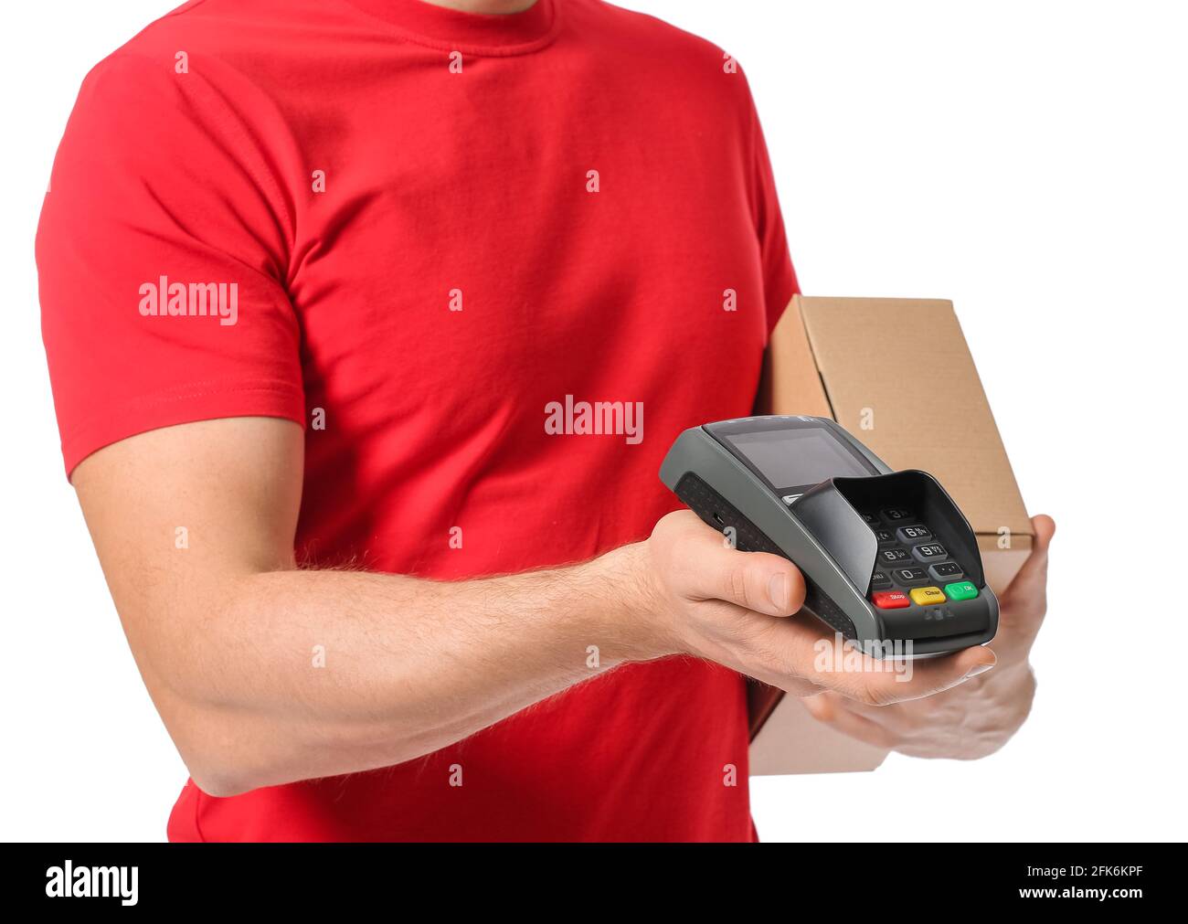 Courier with payment terminal on white background, closeup Stock Photo ...