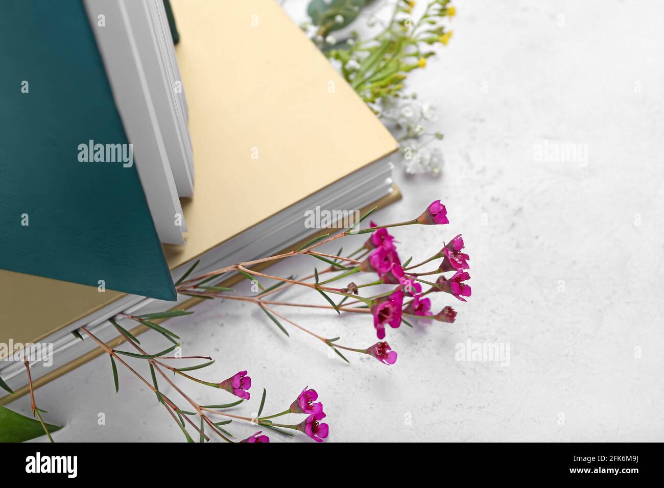 Books with fresh flowers on light background, closeup Stock Photo - Alamy