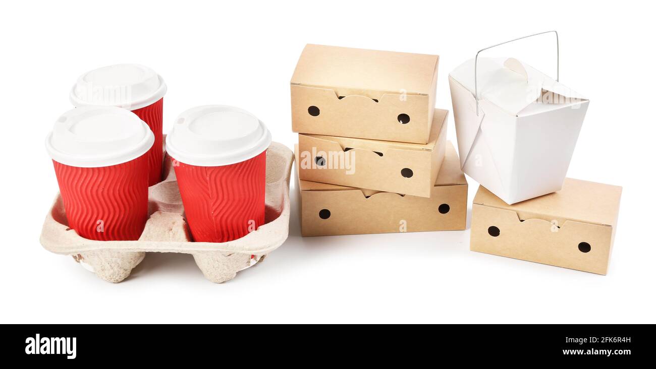 Paper boxes and cups on white background Stock Photo - Alamy