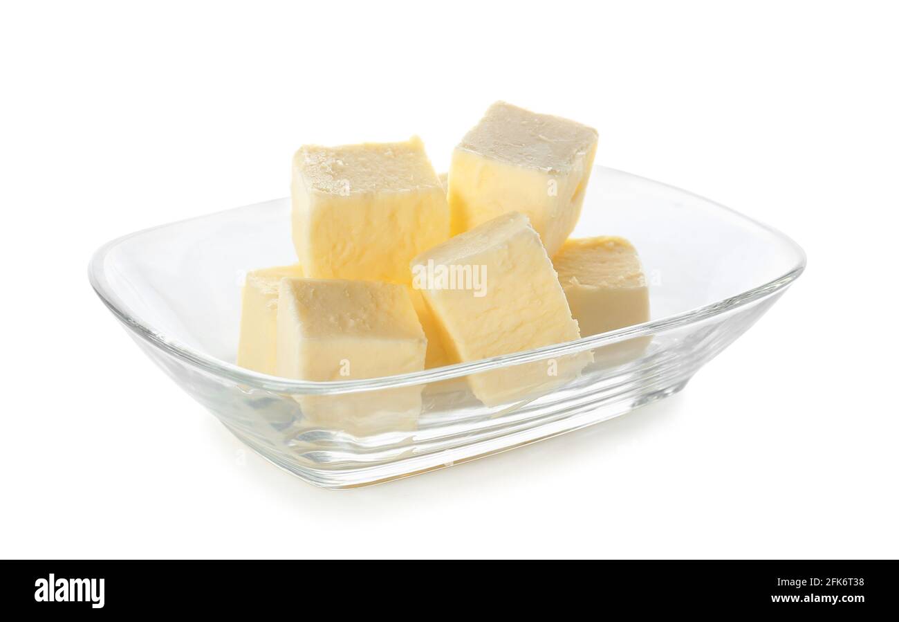 Glass bowl with fresh butter on white background Stock Photo - Alamy