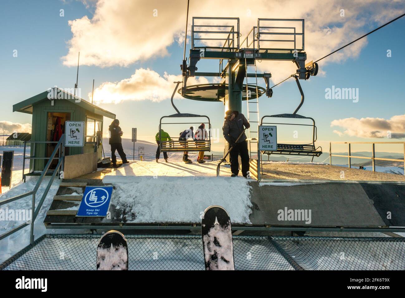 Mt Hotham, Victoria - August 2017: getting off the lift at the top of a ...