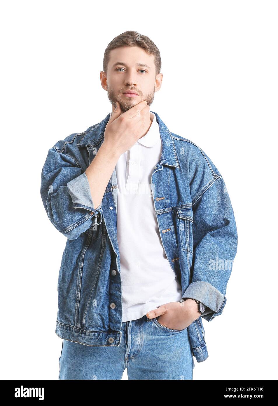 Thinking handsome man on white background Stock Photo - Alamy
