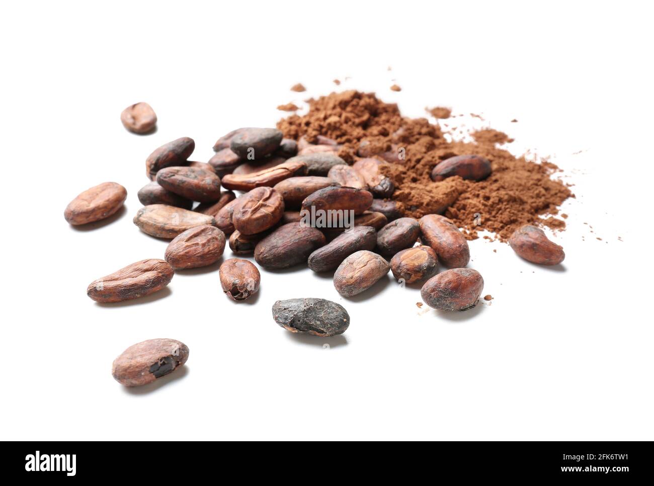 Cocoa beans and powder on white background Stock Photo - Alamy