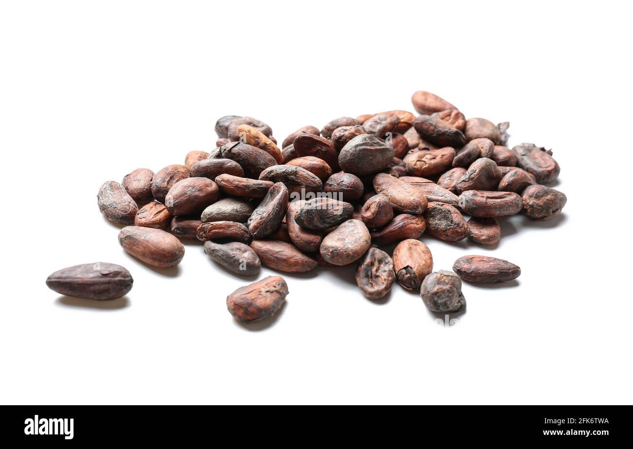 Cocoa beans on white background Stock Photo - Alamy