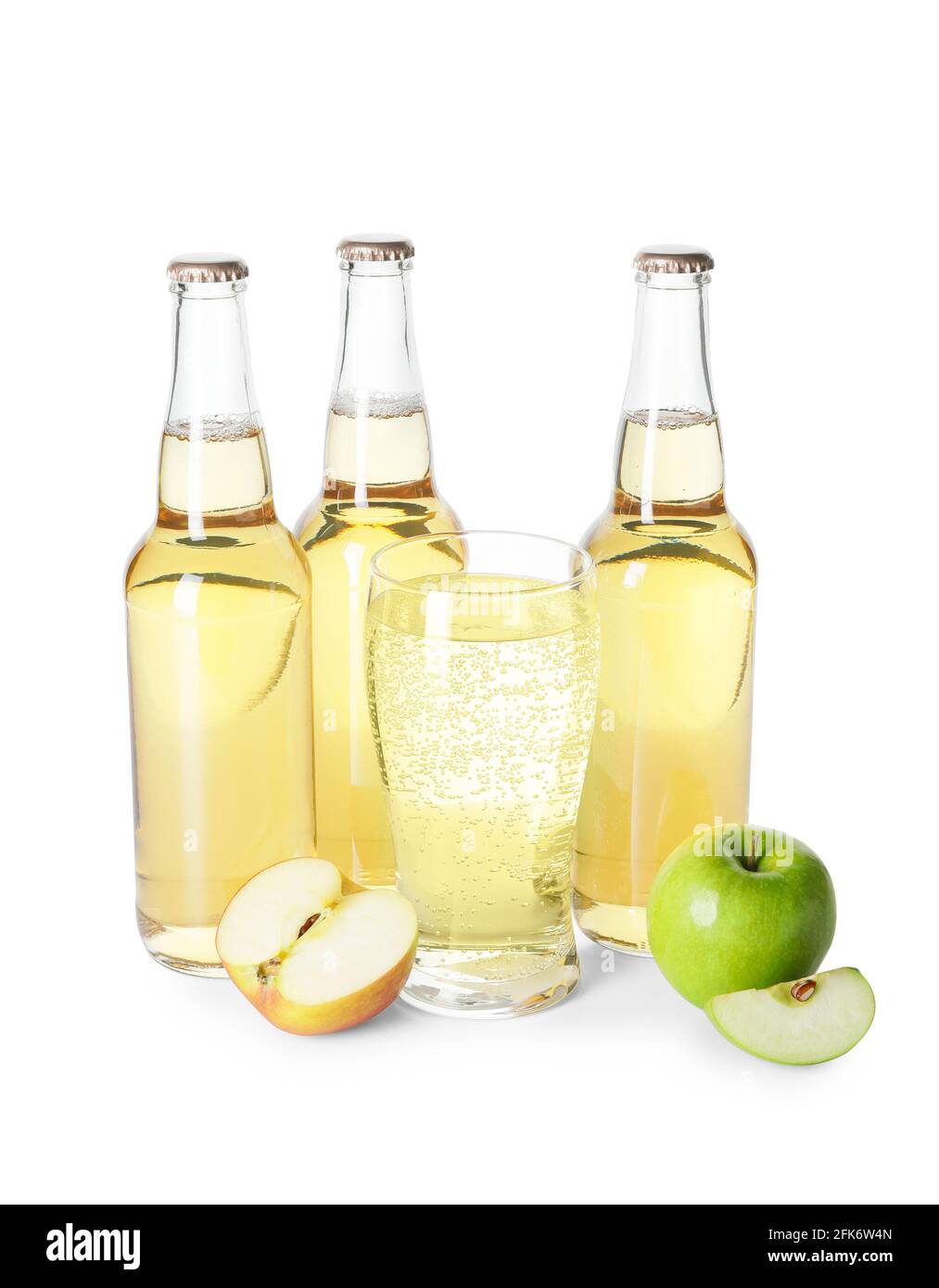 Bottles and glass of apple cider on white background Stock Photo - Alamy