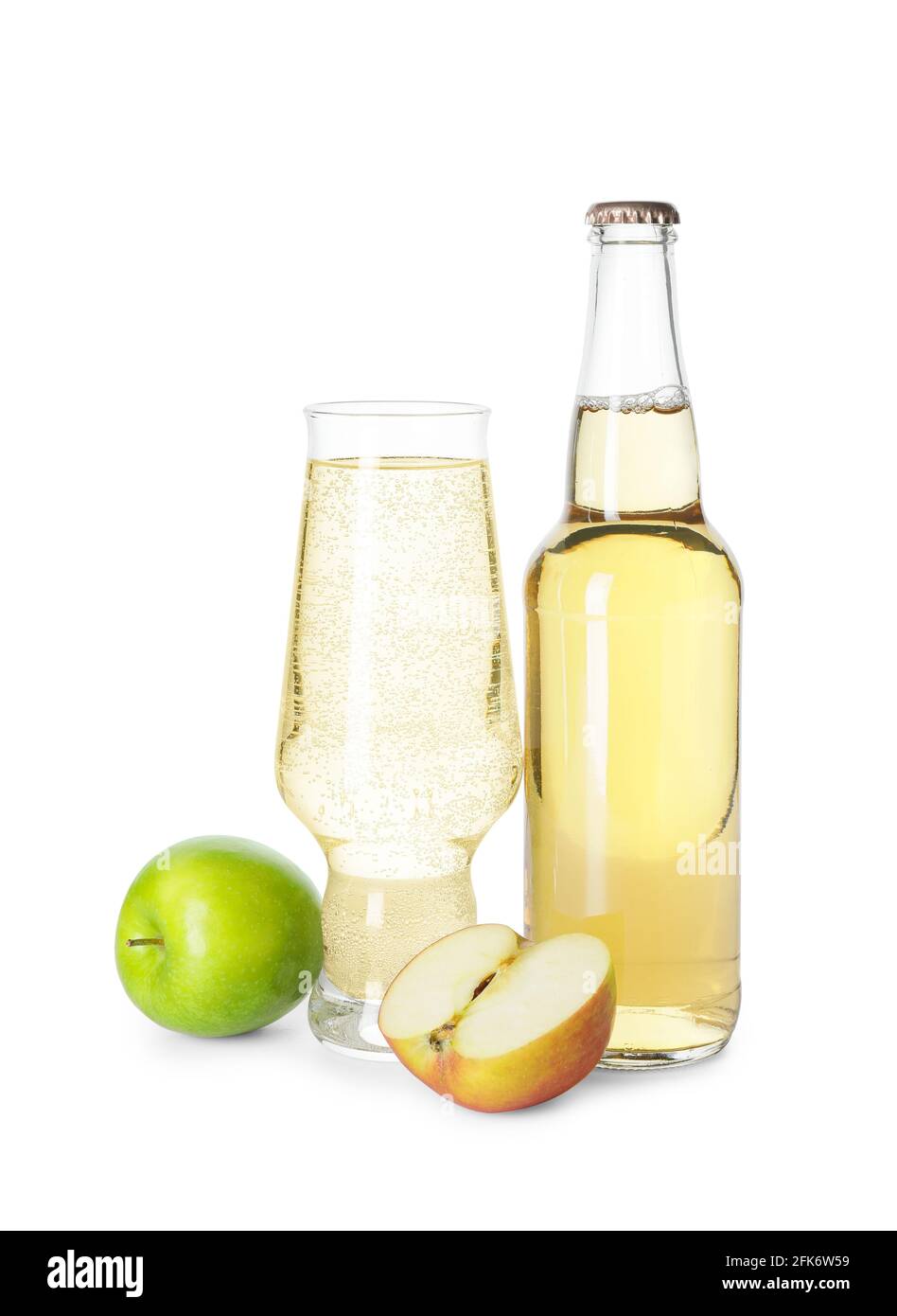 Bottle and glass of apple cider on white background Stock Photo - Alamy