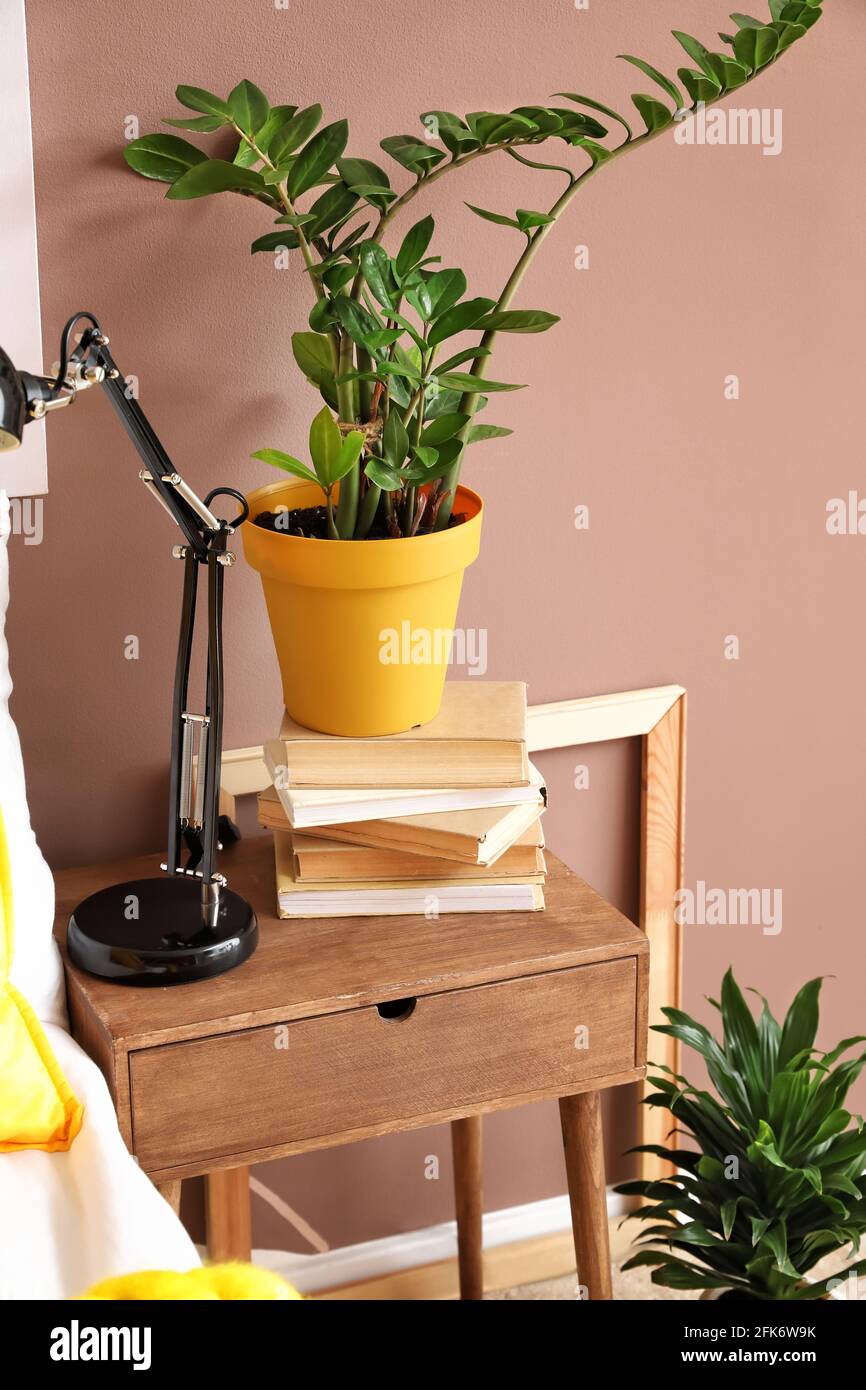 Wooden bedside table with houseplants in interior of stylish room Stock ...
