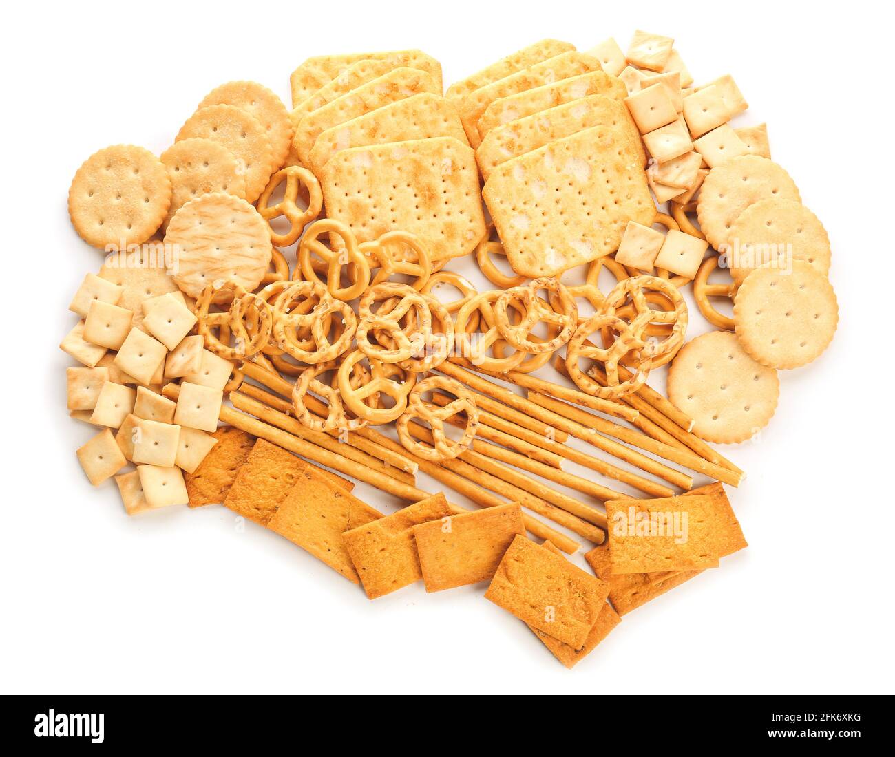 Tasty different crackers on white background Stock Photo - Alamy
