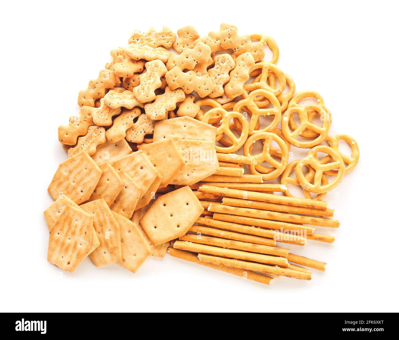 Tasty different crackers on white background Stock Photo - Alamy