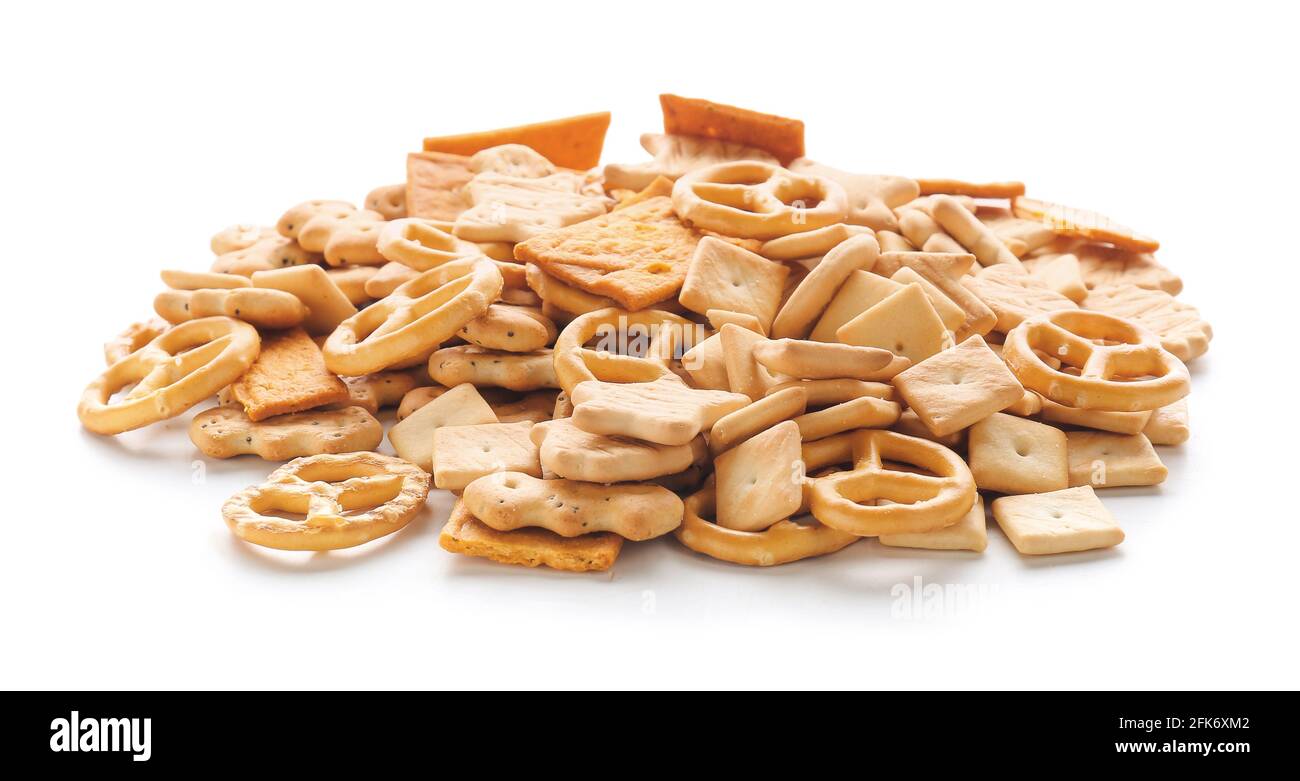 Tasty different crackers on white background Stock Photo - Alamy