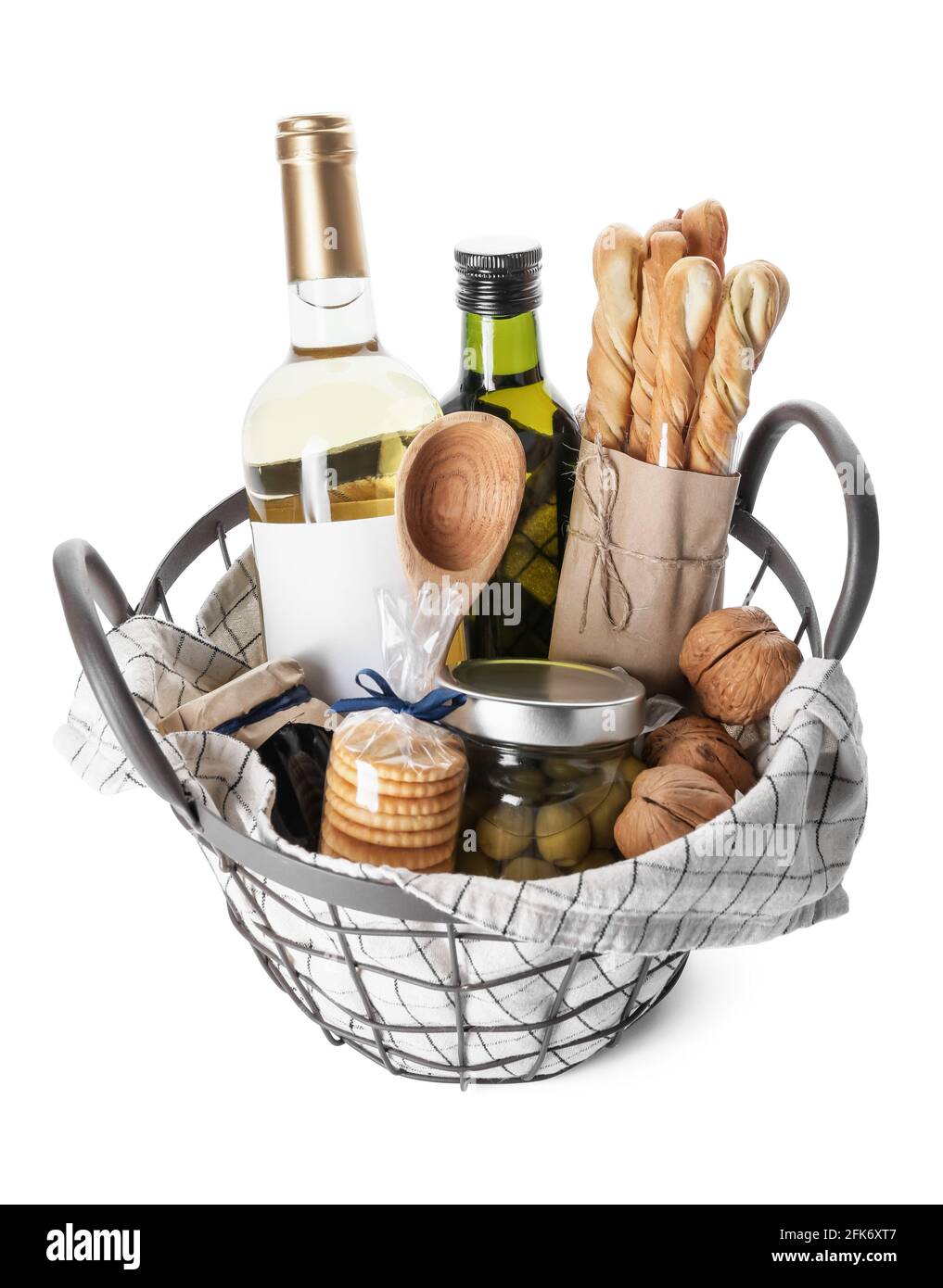 Gift basket with products on white background Stock Photo - Alamy