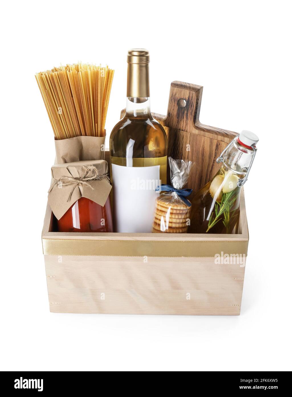 Gift basket with products on white background Stock Photo - Alamy