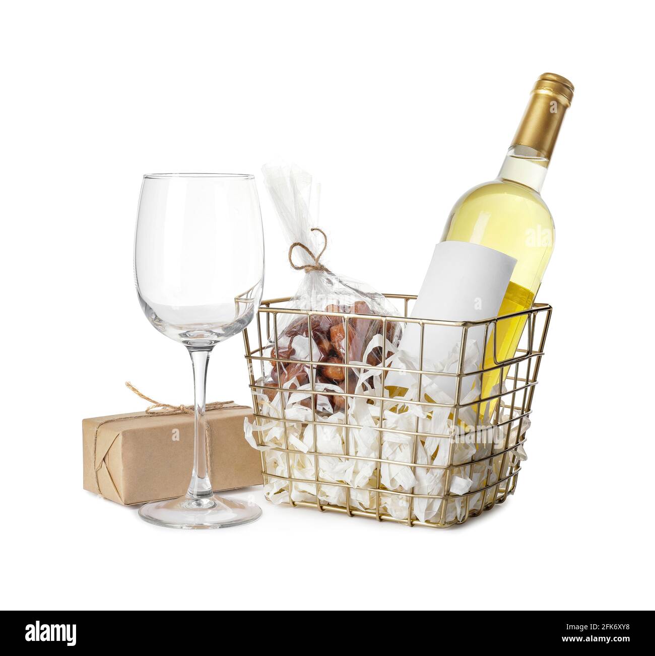 Gift basket with products on white background Stock Photo - Alamy