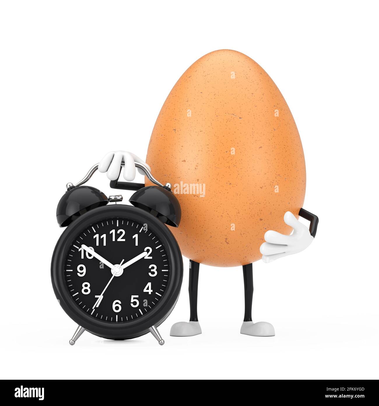 Brown Chicken Egg Person Character Mascot with Alarm Clock on a white ...