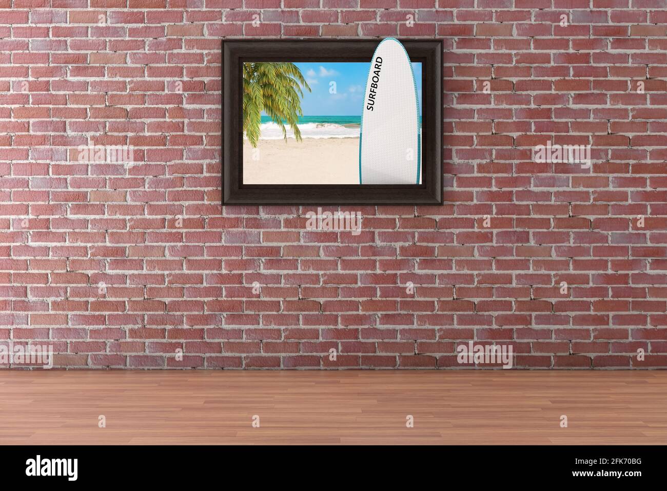 Beach with Palm and Surfboard Poster Picture Frame Hanging on the Red ...