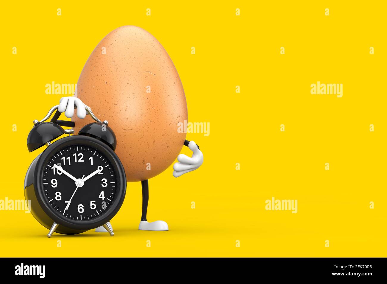 Brown Chicken Egg Person Character Mascot with Alarm Clock on a yellow ...