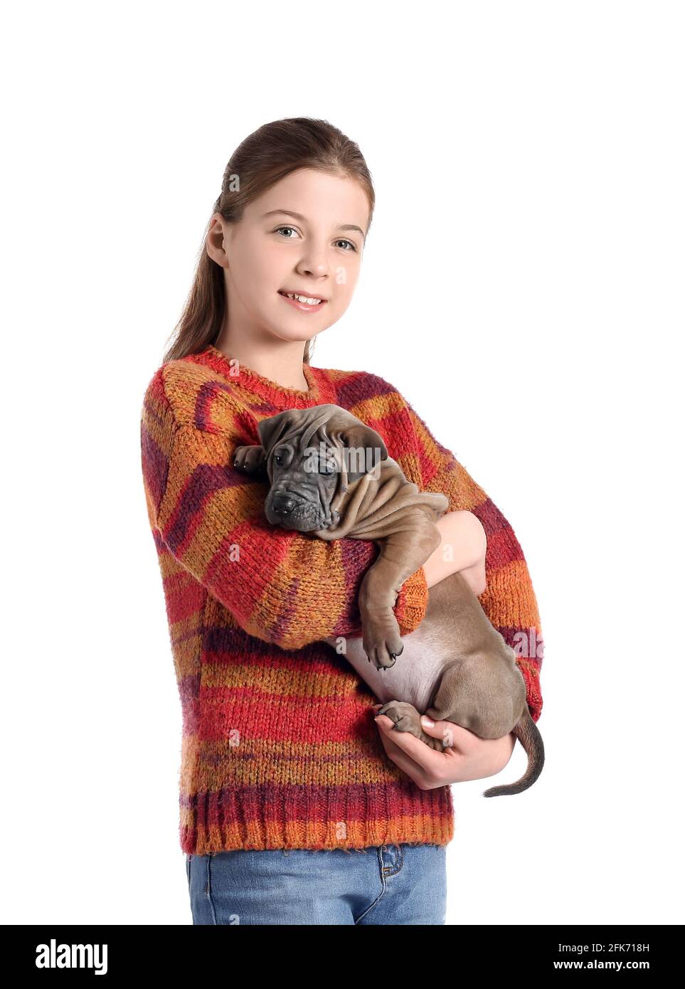 Cute girl with puppy on white background Stock Photo - Alamy
