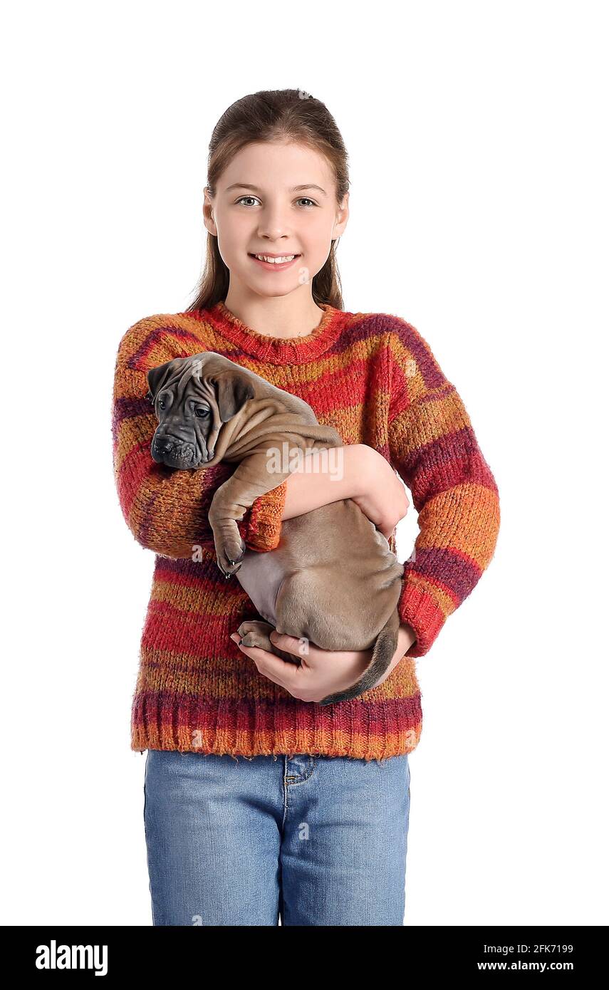 Cute girl with puppy on white background Stock Photo - Alamy