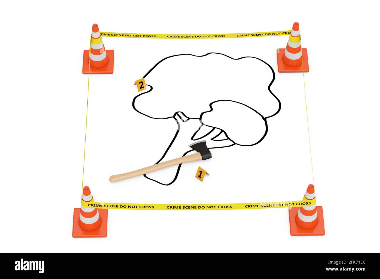 Murder of Trees Concept. Yellow Tape Do Not Cross Police Line with Road ...