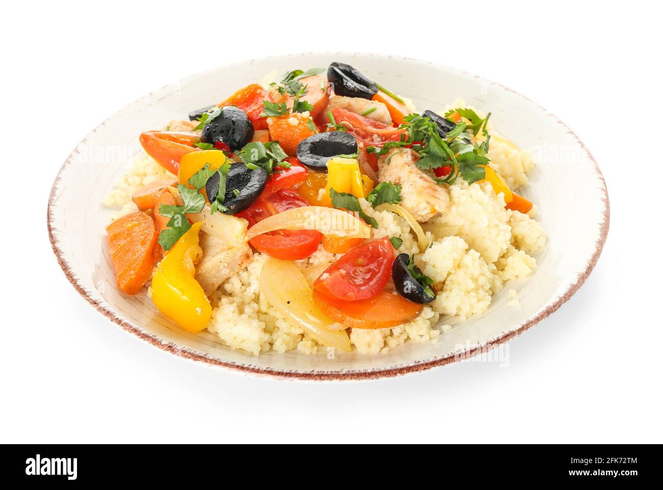 Plate with couscous and vegetables on white background Stock Photo - Alamy