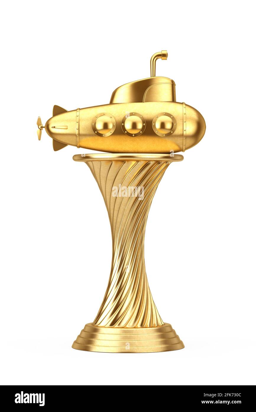 Golden Award Trophy Toy Cartoon Styled Submarine on a white background ...