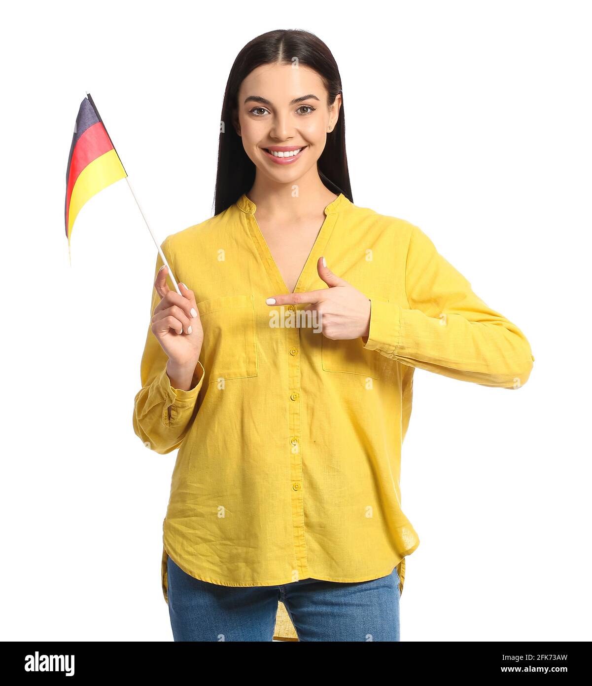 Beautiful young woman with the flag of Germany showing thumb-up on ...