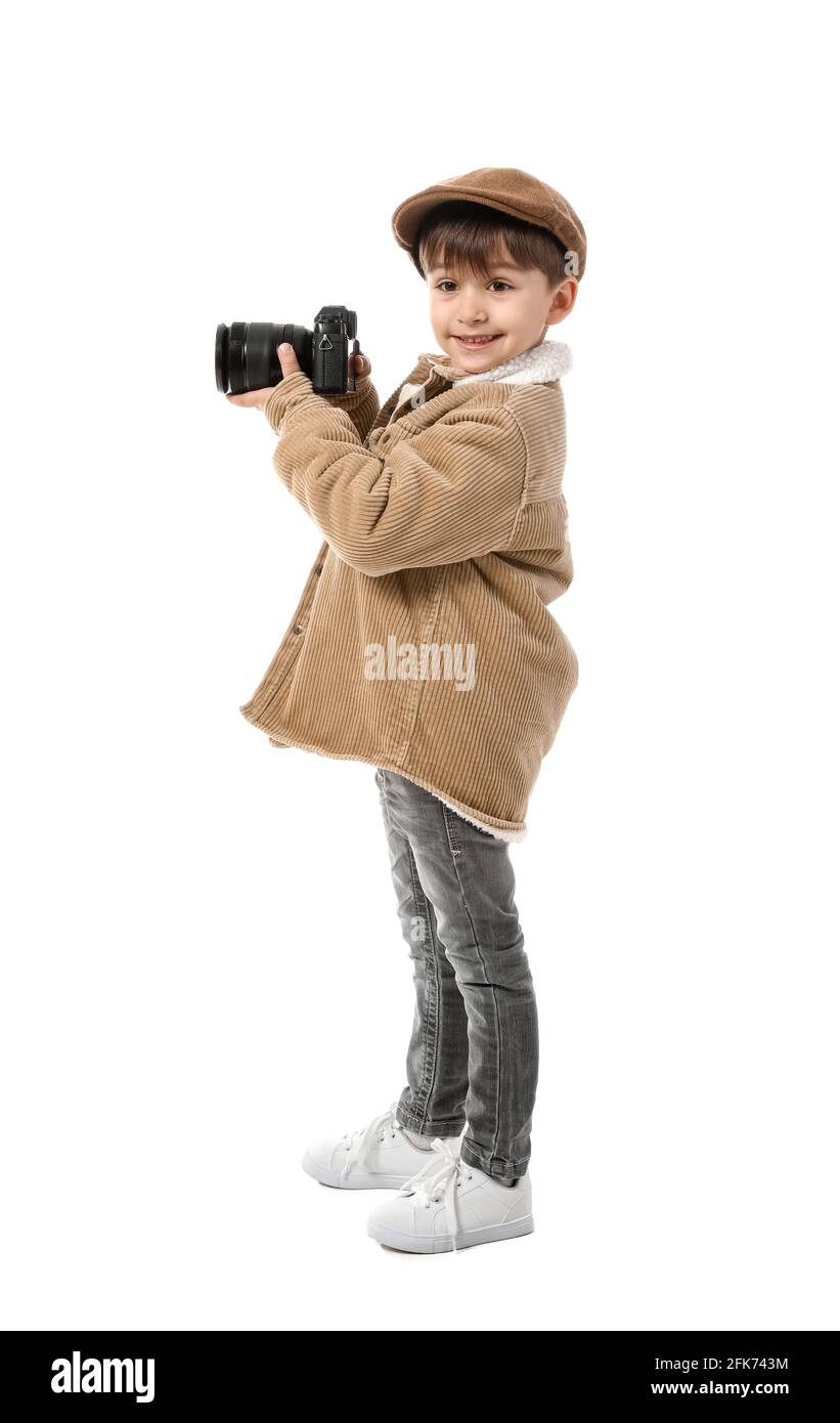 Cute little photographer on white background Stock Photo - Alamy