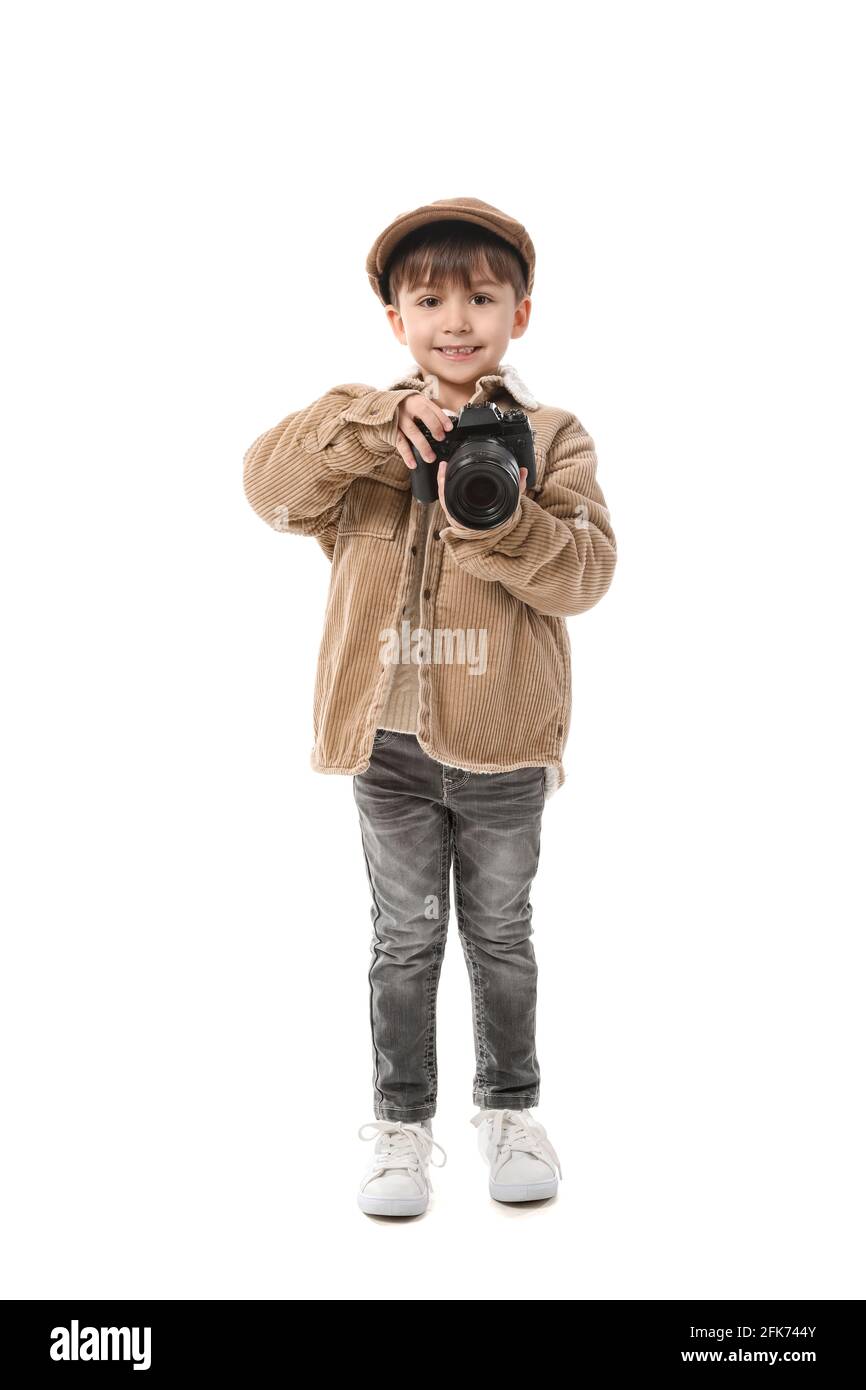 Cute little photographer on white background Stock Photo - Alamy