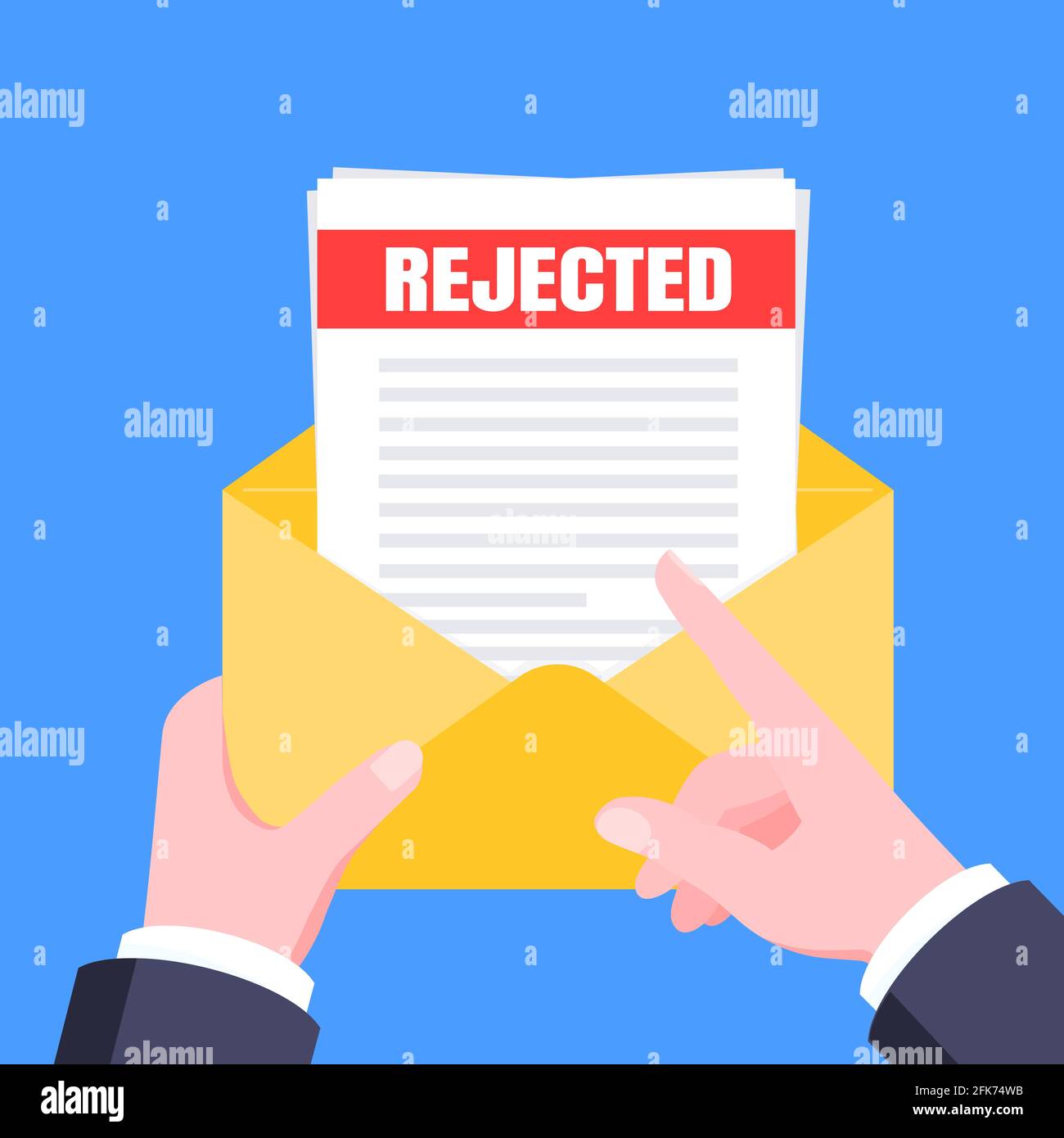 College or university reject letter with envelope and paper sheets ...
