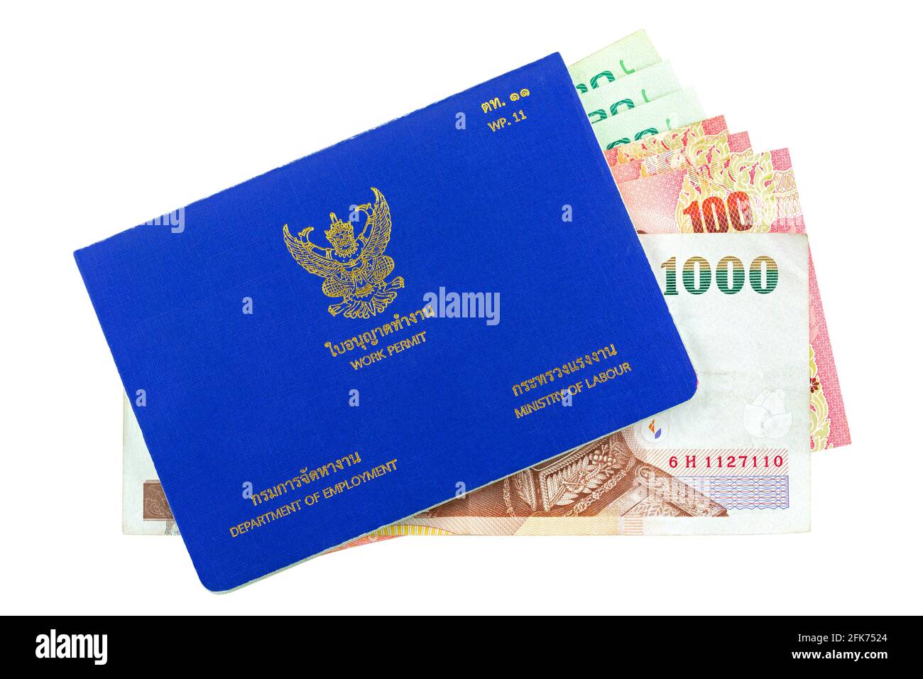 Blue Thai Work Permit book (WP.11) with different Thai Baht inside ...