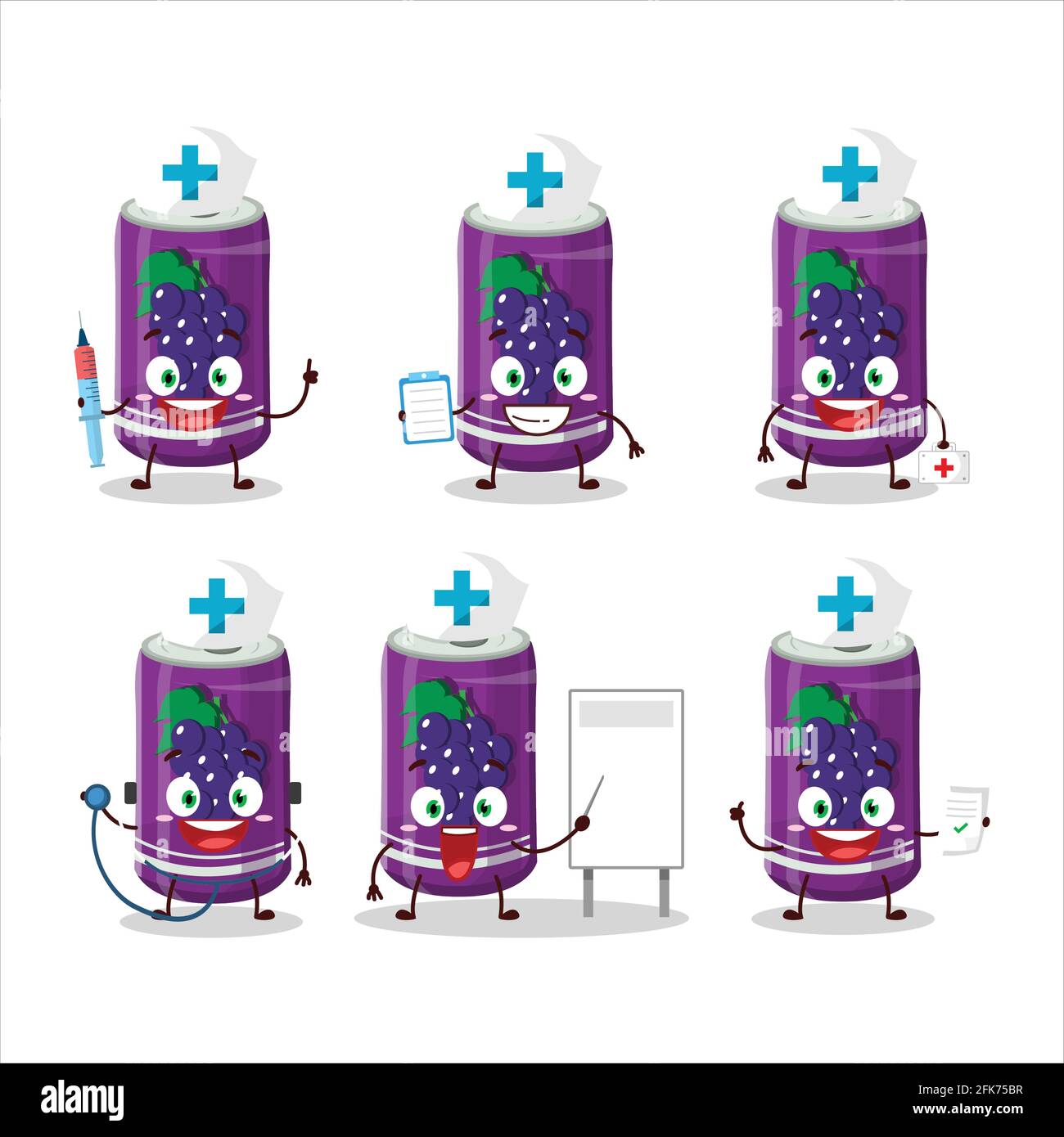 Doctor profession emoticon with grapes soda can cartoon character ...
