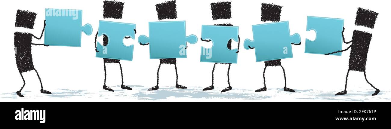 Illustration of a group of stick figures holding puzzle pieces. Working ...