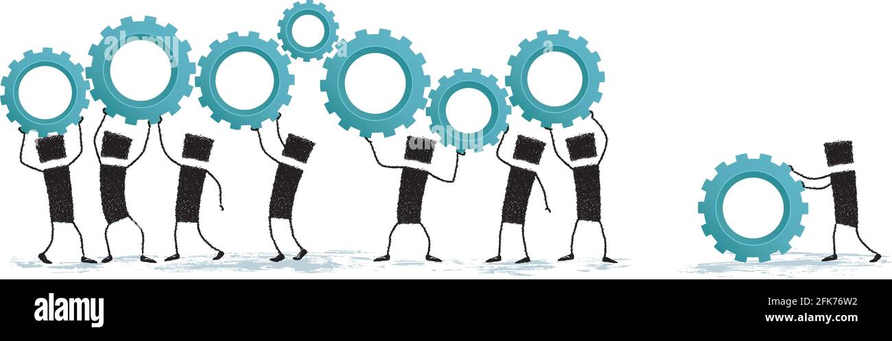Illustration of a large group of stick figures lifting gears above ...