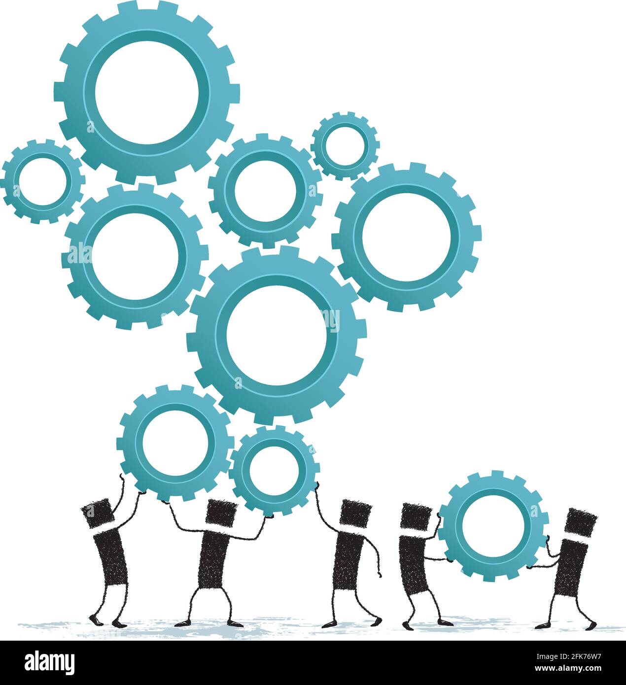 Several stick figures holding over their heads gears. Among all, the ...