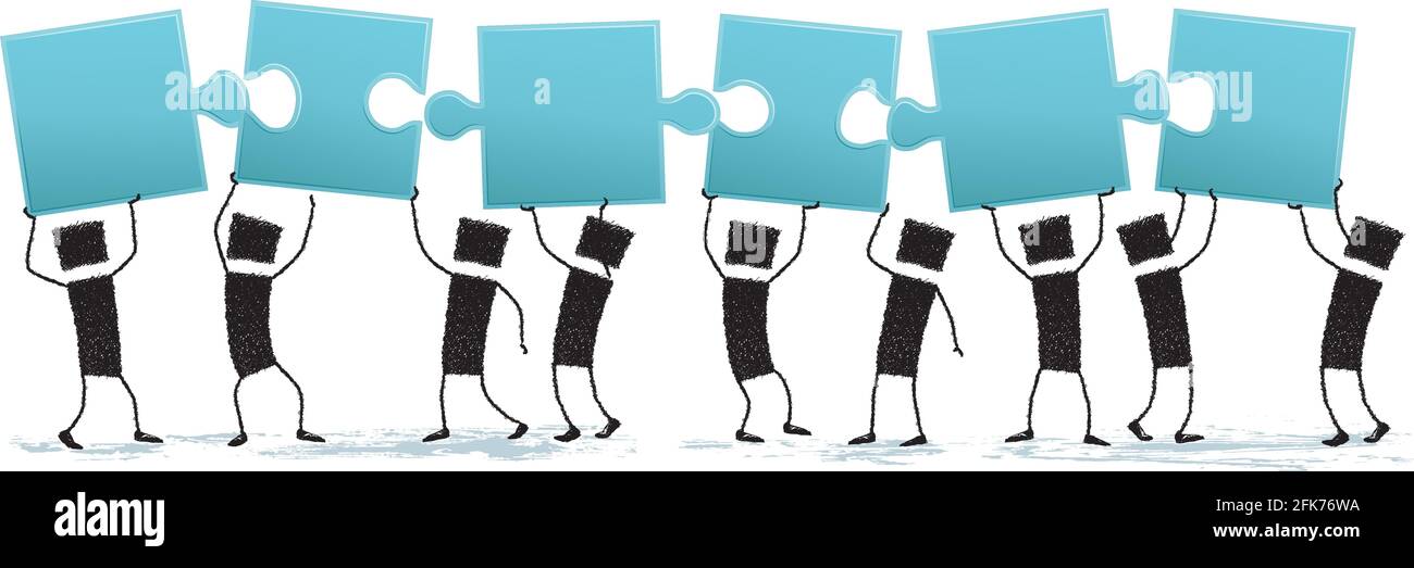 Illustration of a group of people lifting puzzle pieces above their ...