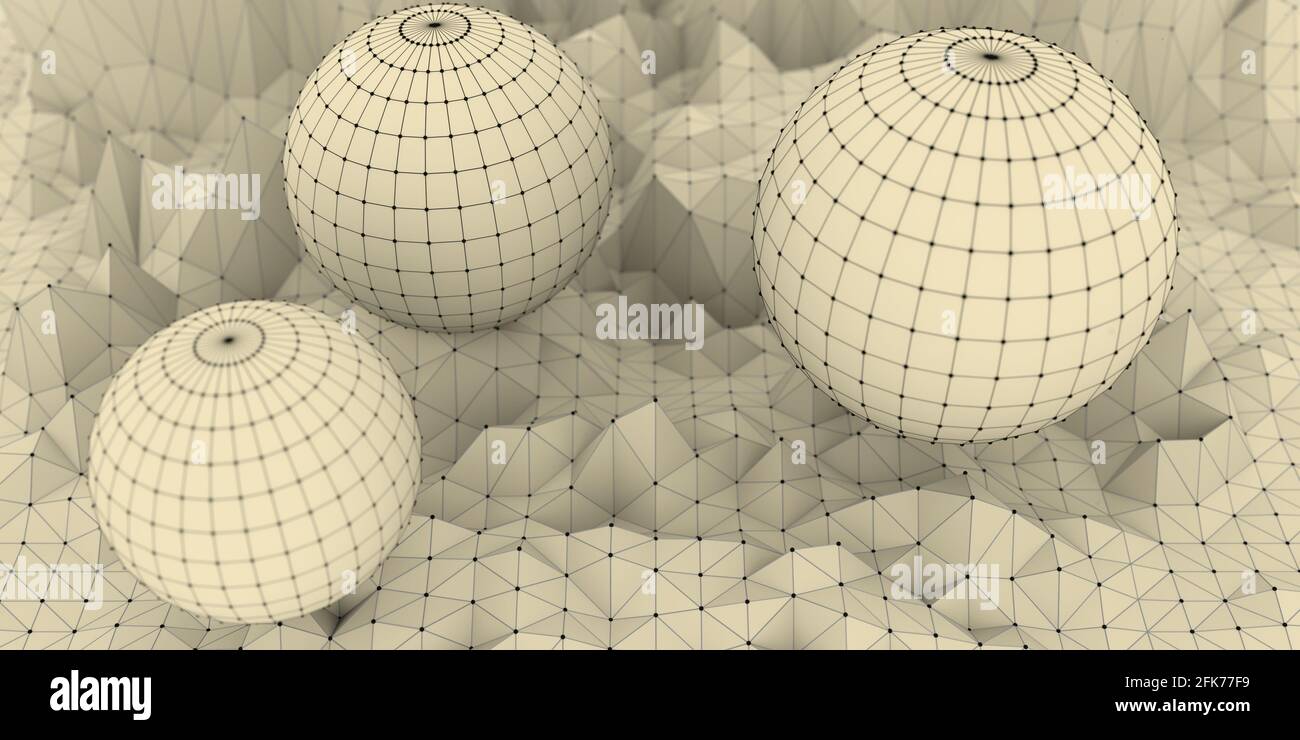 Low poly mountains landscape. 3d illustration. Polygonal mosaic background with spheres covered ...